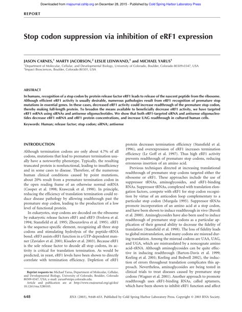 Pdf Stop Codon Suppression Via Inhibition Of Erf1 Expression