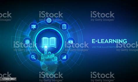 E러닝 혁신적인 온라인 교육 및 인터넷 기술 개념 웨비나 교육 온라인 교육 과정 기술 개발 디지털 인터페이스를 만지는 로봇 손 벡터 그림입니다 개발에 대한 스톡 벡터 아트