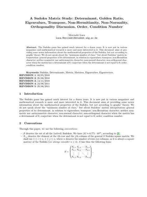 Sudoku Pdf Determinant Matrix Mathematics