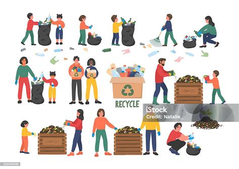 재순환시키다 청소하는 사람들 쓰레기 분류 다양한 종류의 쓰레기로 가득 찬 가방과 판지 상자 퇴비를 만드는 사람들 재활용 개념 가방에 대한 스톡 벡터 아트 및 기타 이미지