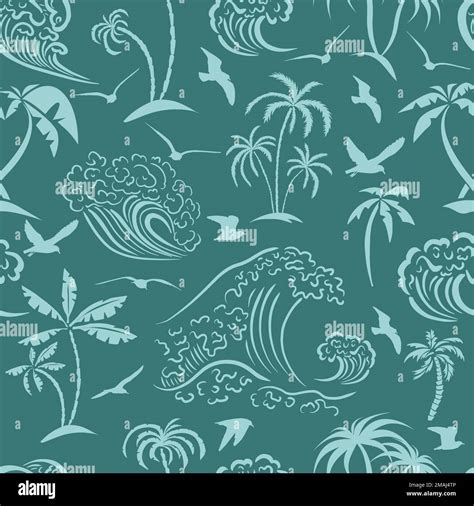 Seamless Pattern Palm Trees And Sea Vector Illustration Stock Vector