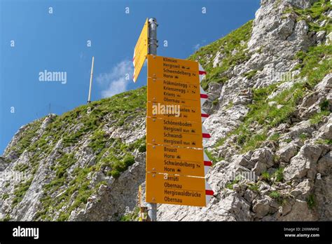 Various Hiking Trails Indicators On Top Of Mount Pilatus Signs Pointing To Various Trail