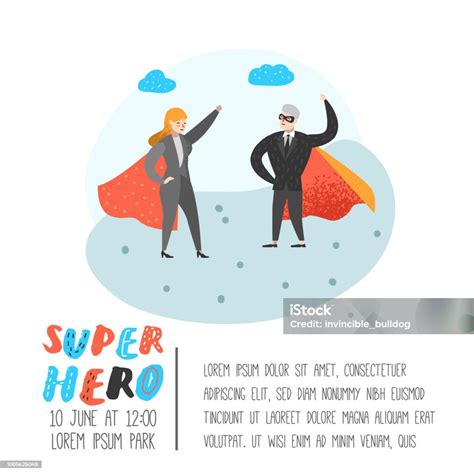 슈퍼 히어로 비즈니스 사람들 캐릭터 포스터 배너입니다 비즈니스 리더십 성공 동기 부여 개념입니다 남자와 여자는 빨간 망 토를 입고 벡터 일러스트 레이 션 개념에 대한 스톡