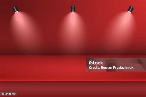 스포트라이트가있는 빈 스튜디오 룸 배경 제품 디스플레이용 빨간색 스튜디오 테이블입니다 제품을 광고하기 위한 3d 템플릿입니다 벡터 0명에 대한 스톡 벡터 아트 및 기타