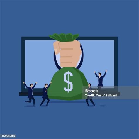 실업가 손 은 노트북 행복한 남자에서 온라인으로 보상을 제공합니다 비즈니스 방문 페이지 템플릿입니다 개념에 대한 스톡 벡터 아트 및 기타 이미지 Istock