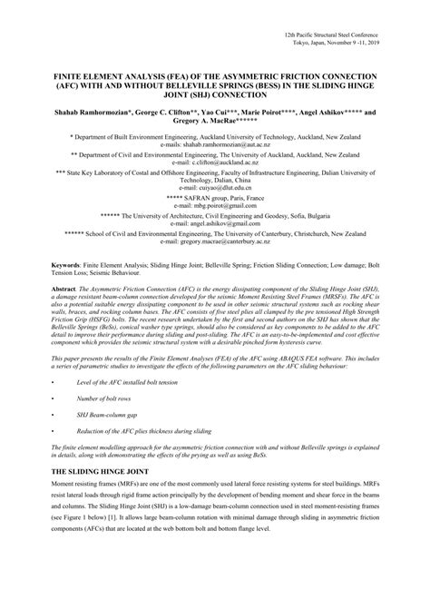 Pdf Finite Element Analysis Fea Of The Asymmetric Friction Connection Afc With And Without