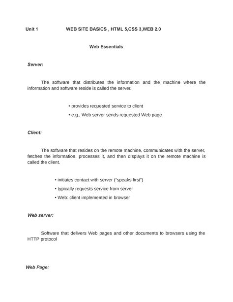 It8501 Notes Unit 1 Unit 1 Web Site Basics Html 5css 3web 2