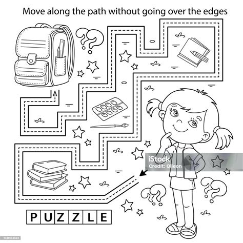 필기 연습 시트 간단한 교육 게임 또는 미로 색칠하기 학용품을 가진 만화 소녀의 개요 아이들을위한 색칠하기 책 공부에 대한 스톡