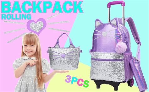 Meetbelify Cute Cat Rolling Backpack For Girls Backpacks