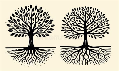 Simple Hand Drawn Tree With Roots Flat Vector Illustration Linocut