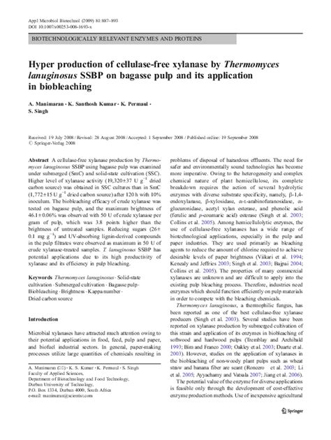 Pdf Hyper Production Of Cellulase Free Xylanase By Thermomyces Lanuginosus Ssbp On Bagasse