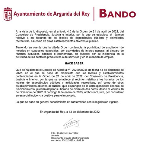 El Alcalde Guillermo Hita Ha Firmado Un Bando Para Ampliar El Horario
