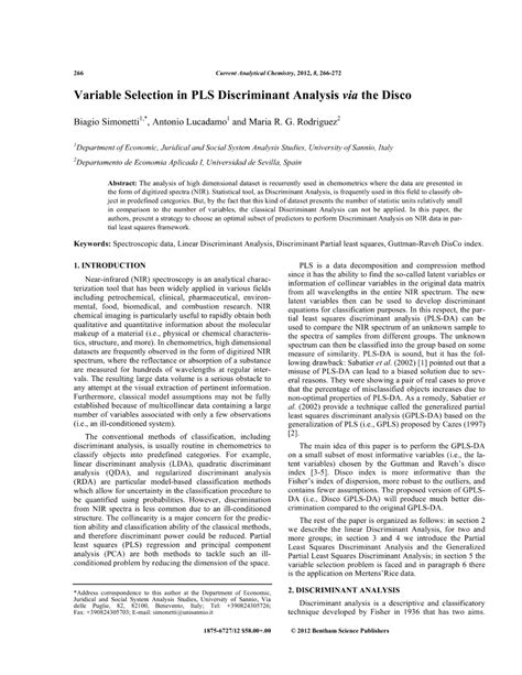 Pdf Variable Selection In Pls Discriminant Analysis Via The Disco