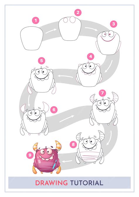 단계별로 괴물을 그리는 방법 그림 튜토리얼 그림 가이드 색칠 페이지 어린이용 워크시트 프리미엄 벡터