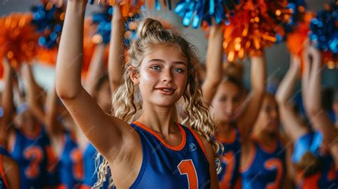 Cheerleaders Cheer For The Team With Orange And Blue Uniforms Premium