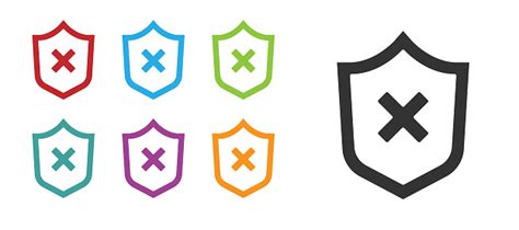 흰색 배경에 분리 된 크로스 마크 아이콘과 검은 방패 방패와 거부 거절 통지 다채로운 아이콘을 설정합니다 벡터 개념에 대한 스톡 벡터 아트 및 기타 이미지 Istock