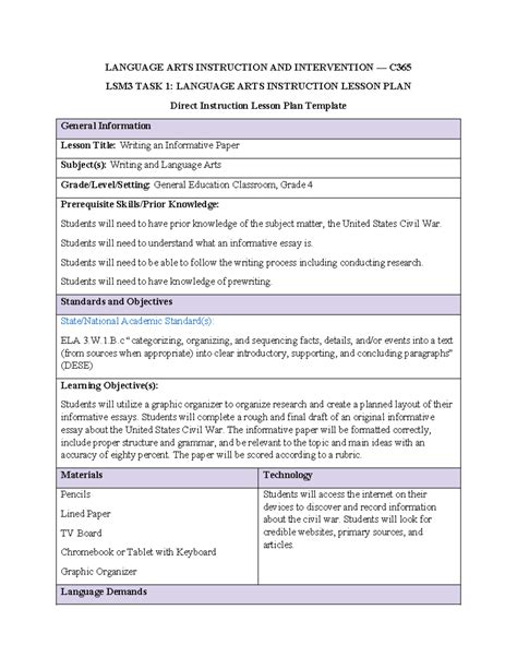 Lsm3 Task 1 Language Arts Instruction Lesson Plan C365 Language Arts Instruction And