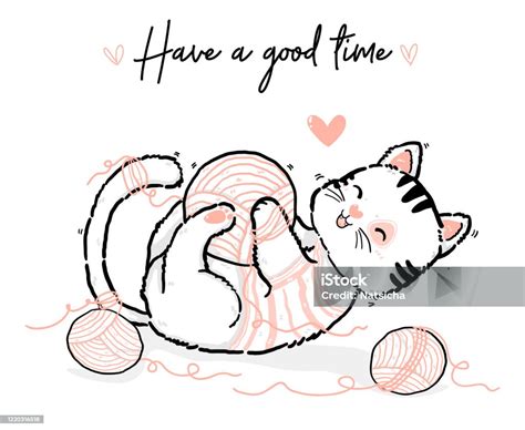 귀여운 낙서 행복 장난 푹신한 키티 화이트와 핑크 고양이 면 모직 공 개요 손 그리기 플랫 벡터 일러스트와 함께 좋은 시간을 갖는 면에 대한 스톡 벡터 아트 및 기타 이미지