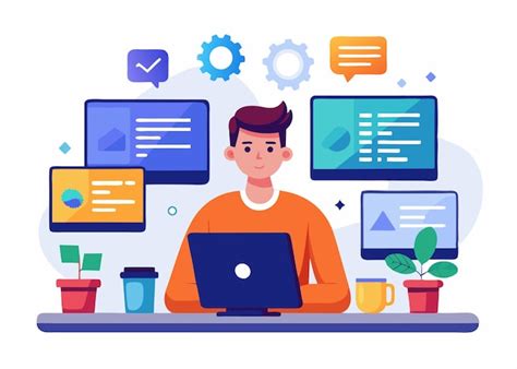 Programmer Working On Several Screens Vector Illustration Premium AI