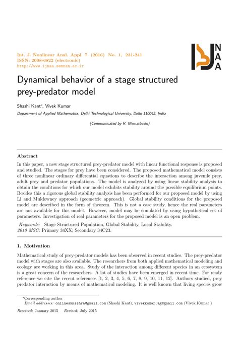 Pdf Dynamical Behavior Of A Stage Structured Prey Predator Model