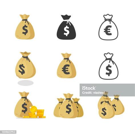돈 현금 가방 아이콘 아이콘 벡터 고립 유로와 달러 통화 자루 플랫 만화 Isometric 및 라인 개요 스트로크 스타일 컬렉션