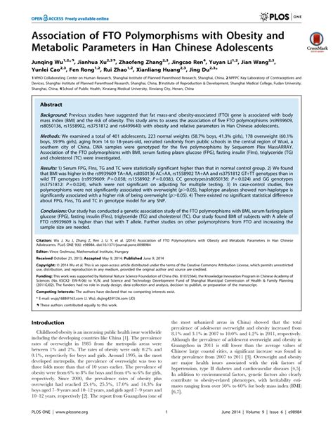 Pdf Association Of Fto Polymorphisms With Obesity And Metabolic Parameters In Han Chinese