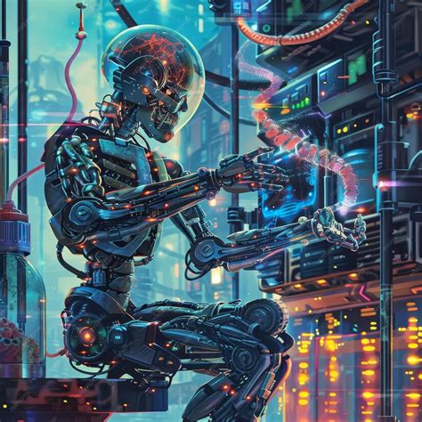 Robot In A Server Room Artificial Intelligence Concept 3d Rendering Premium Ai Generated Image