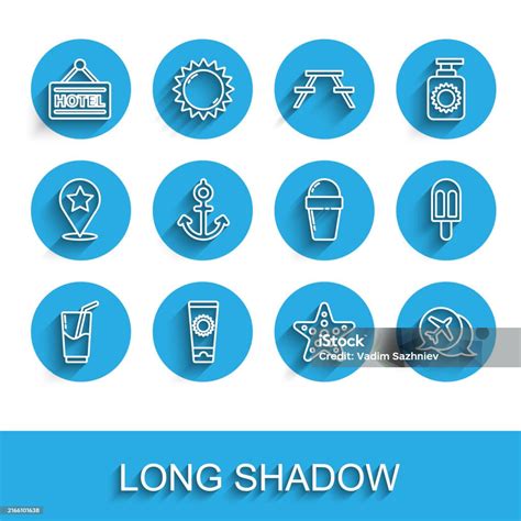 세트 라인 칵테일 및 알코올 음료 자외선 차단제 크림 튜브 텍스트 호텔 불가사리 말풍선 비행기 앵커 얼음 및 와플 콘 아이콘이