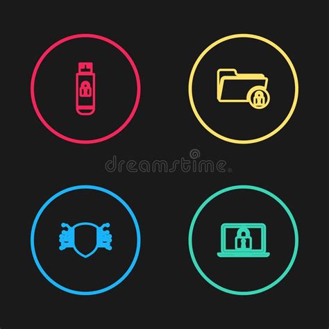 Set Line Cyber Security Laptop And Lock Folder And Usb Flash Drive With Icon Vector Stock