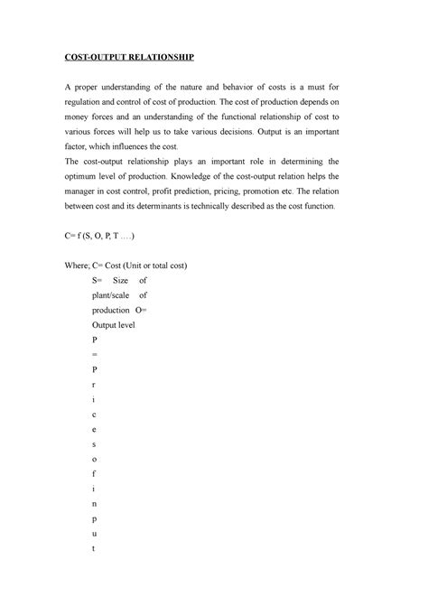 Cost Output Relationship Cost Output Relationship A Proper Understanding Of The Nature And