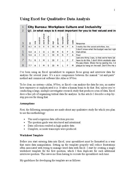 Using Excel For Qualitative Data Analysis Coding Pdf Qualitative