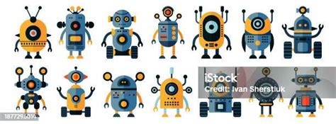 복고풍 컬러 로봇 아이콘의 집합은 흰색 배경에 고립되어 있습니다 캐릭터 인공 지능 개념 평면 벡터 일러스트 레이 션 0명에 대한 스톡 벡터 아트 및 기타 이미지 Istock