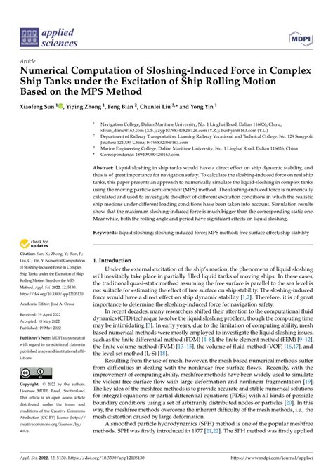 Pdf Numerical Computation Of Sloshing Induced Force In Complex Ship Tanks Under The Excitation