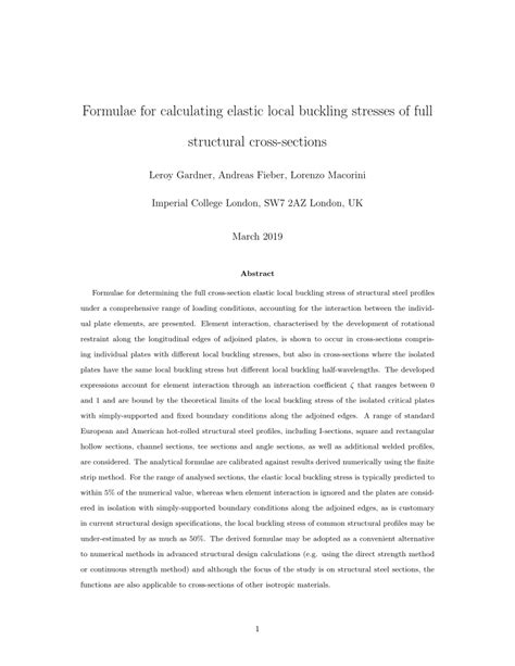 Pdf Formulae For Calculating Elastic Local Buckling Stresses Of Full Structural Cross Sections