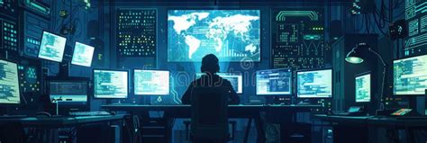 A Hacker Works Intently At A Desk Cluttered With Computer Screens