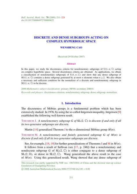 Pdf Discrete And Dense Subgroups Acting On Complex Hyperbolic Space