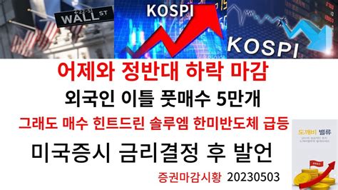 증권마감시황 5월3일 어제 상승분 다 내준 하락 예상된 흐름 그래도 솔루엠 한미반도체 매수 힌트 드리고 좋은 상승 수익 내일 위클리옵션만기일 오늘밤 미국금리결정 Youtube