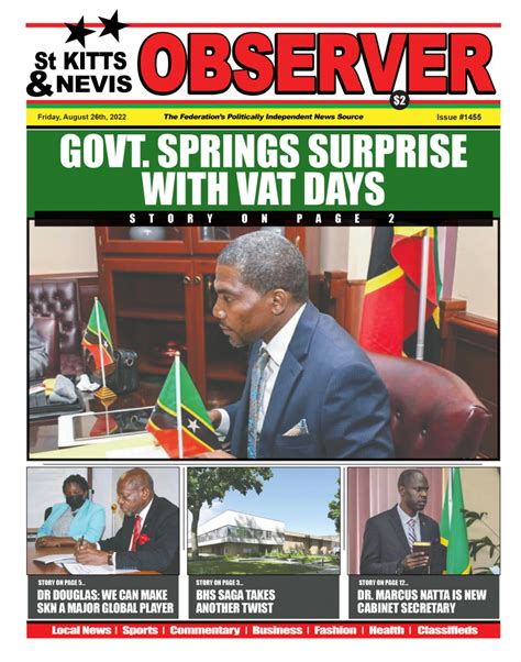 Newspaper Cover For 26th August 2022 The St Kitts Nevis Observer