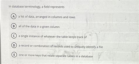 Solved In Database Terminology A Field Representsa List Of