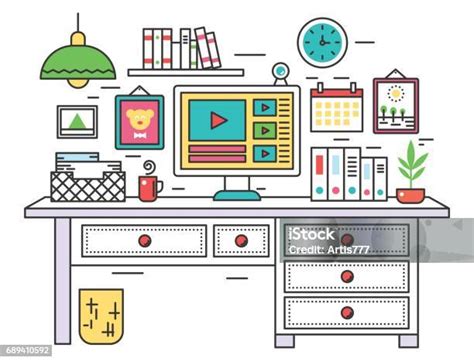 플랫 라인 디자인 직장 데스크 디지털 아티스트 작업 장소에 창조적인 사무실 룸 인테리어 데스크톱 컴퓨터 벡터 일러스트입니다