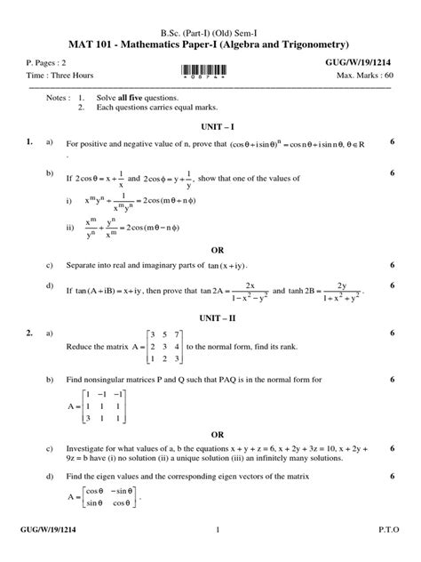 1214 year b sc part i old sem i subject mat 101