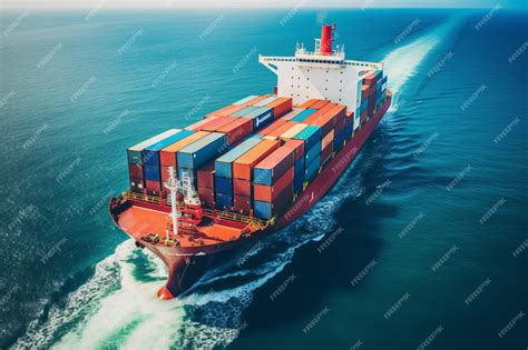 컨테이너를 운반하고 화물 야드 항구에서 맞춤형 해양 개념 기술 운송 생성 인공 지능으로 수출 상품을 위해 달리는 화물선의 공중 측면 보기 프리미엄 사진