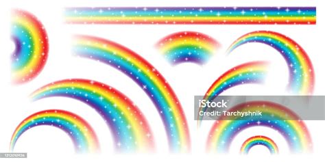 흰색 배경에 고립 된 다채로운 사실적인 무지개 컬렉션 반짝이 효과가 있는 빛나는 별 벡터 일러스트레이션 개념에 대한 스톡 벡터 아트 및 기타 이미지 Istock