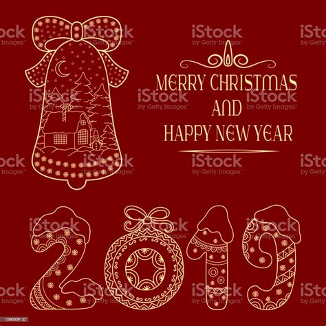 장식 축제 레터링텍스트 인사 메리 크리스마스와 해피 뉴가 어 낙서 수 2019 하우스와 벨의 형태로 장식과 휴가 엽서 눈 속에서