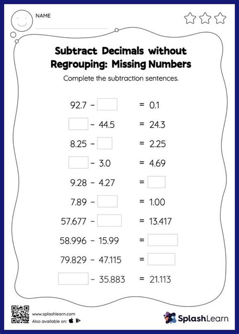 Subtract Decimals Without Regrouping Missing Numbers Math Worksheets Splashlearn