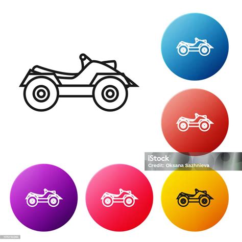 흰색 배경에 격리 된 검은 색 선 모든 지형 차량 또는 Atv 오토바이 아이콘 쿼드 바이크 익스트림 스포츠 아이콘 다채로운 원 버튼을 설정합니다 벡터 일러스트레이션 0명에