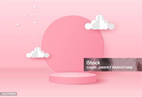 종이접기 종이 구름이 있는 분홍색 배경과 제품 프레젠테이션 브랜딩 포장 및 판촉을 위한 스탠드 또는 연단 디스플레이 벡터 일러스트레이션 디자인 3차원 형태에 대한 스톡 벡터