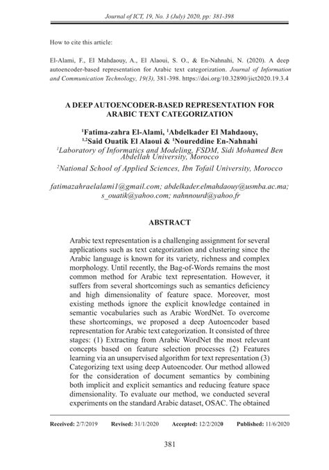 Pdf A Deep Autoencoder Based Representation For Arabic Text Categorization