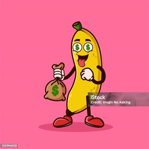 돈 눈과 돈 가방을 들고 귀여운 바나나 과일 캐릭터 과일 문자 아이콘 개념 격리 이모티콘 스티커 플랫 만화 스타일 벡터 0명에 대한 스톡 벡터 아트 및 기타 이미지 Istock