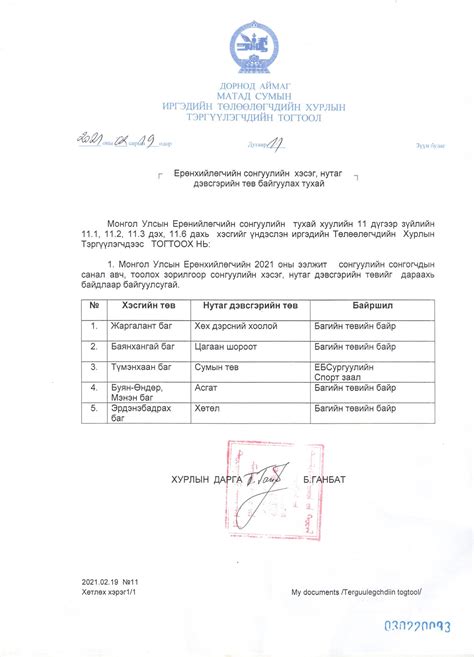 Ерөнхийлөгчийн сонгуулийн хэсэг нутаг дэсгэрийн төв байгуулах тухай